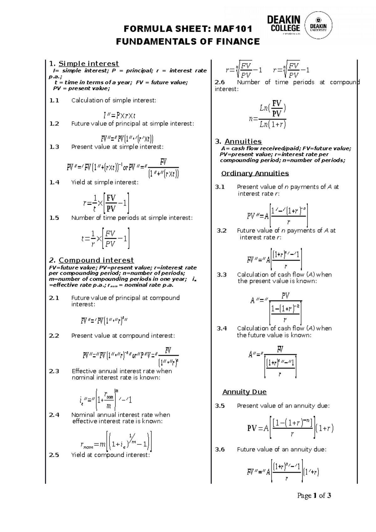 MAF101 Formula Sheet 2017 - FORMULA SHEET: MAF101 FUNDAMENTALS OF ...