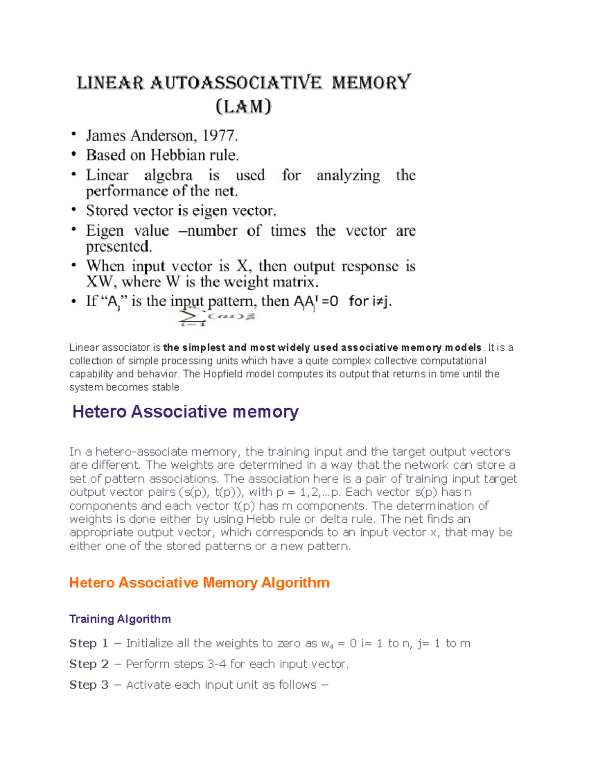 LAM - NEURAL NETWORKS - Linear associator is the simplest and most widely used associative ...