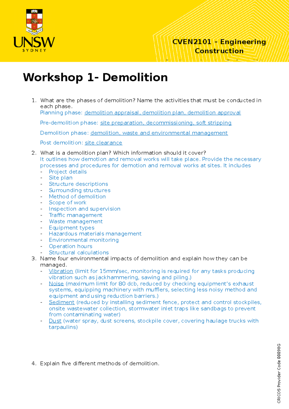 CVEN2101-Workshop 1 - Workshop 1- Demolition What are the phases of ...