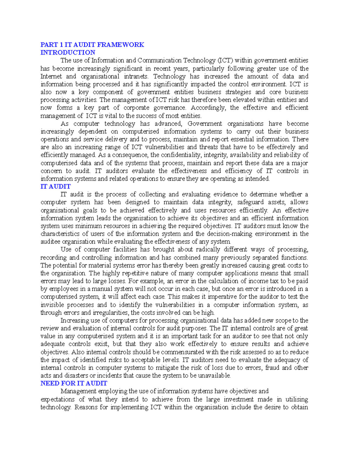 It audit manual asosai - PART 1 IT AUDIT FRAMEWORK INTRODUCTION The use ...