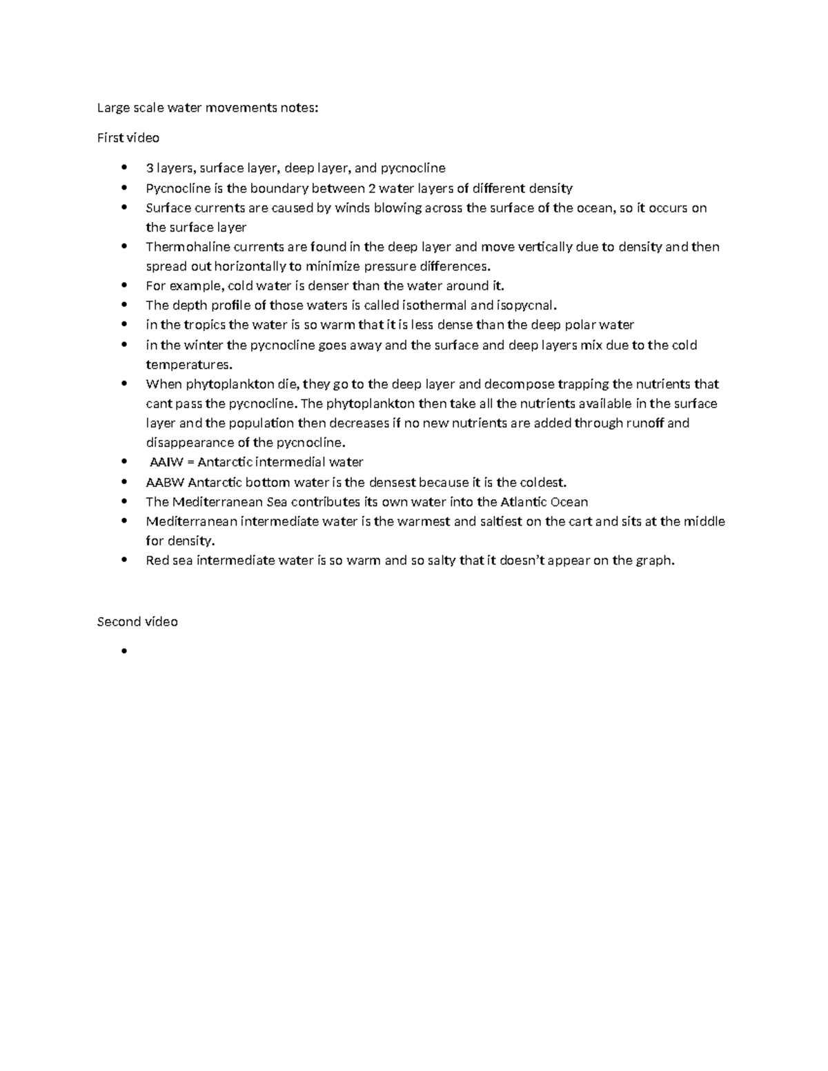 Large scale water movements notes - For example, cold water is denser ...