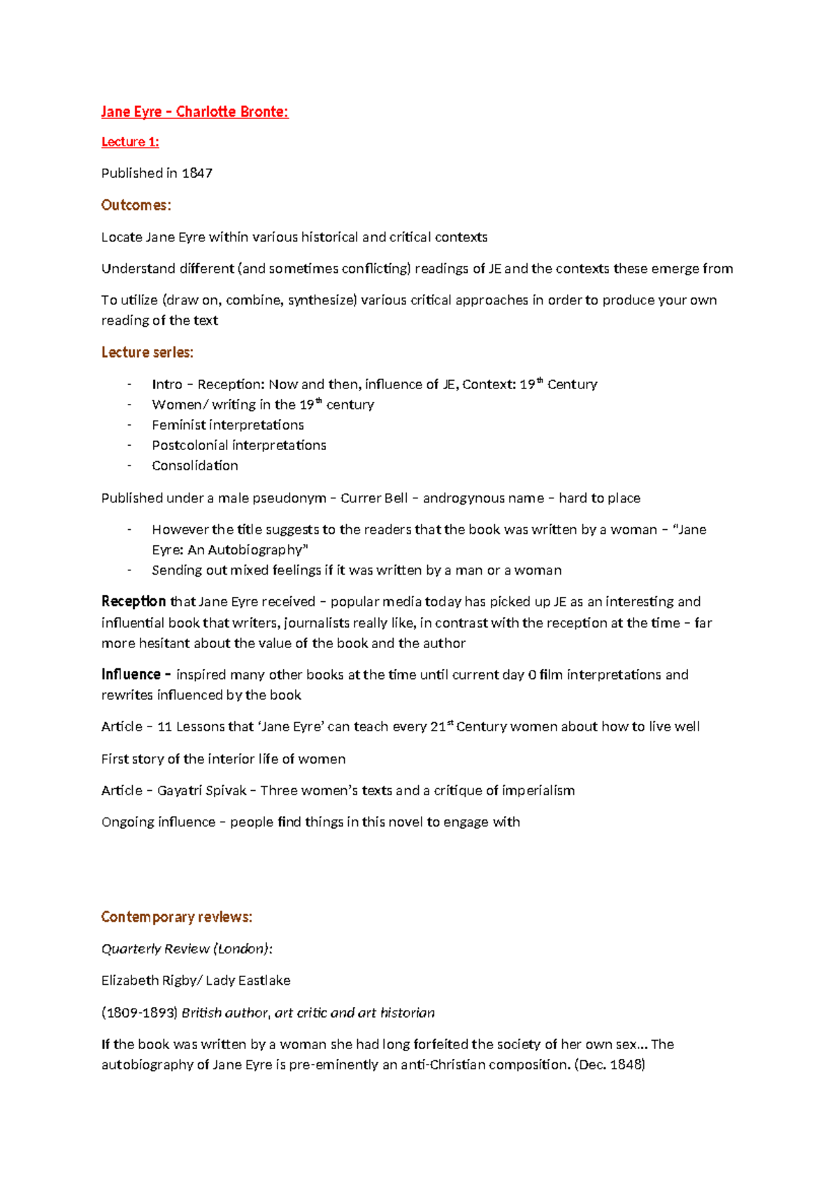 7. Jane Eyre - Charlotte Bronte - Jane Eyre – Charlotte Bronte: Lecture ...