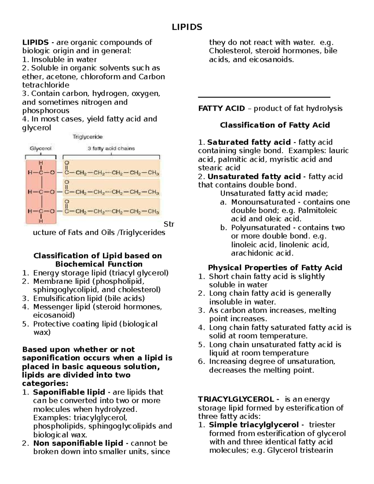 Biochem Midterm Notes - LIPIDS LIPIDS - are organic compounds of ...