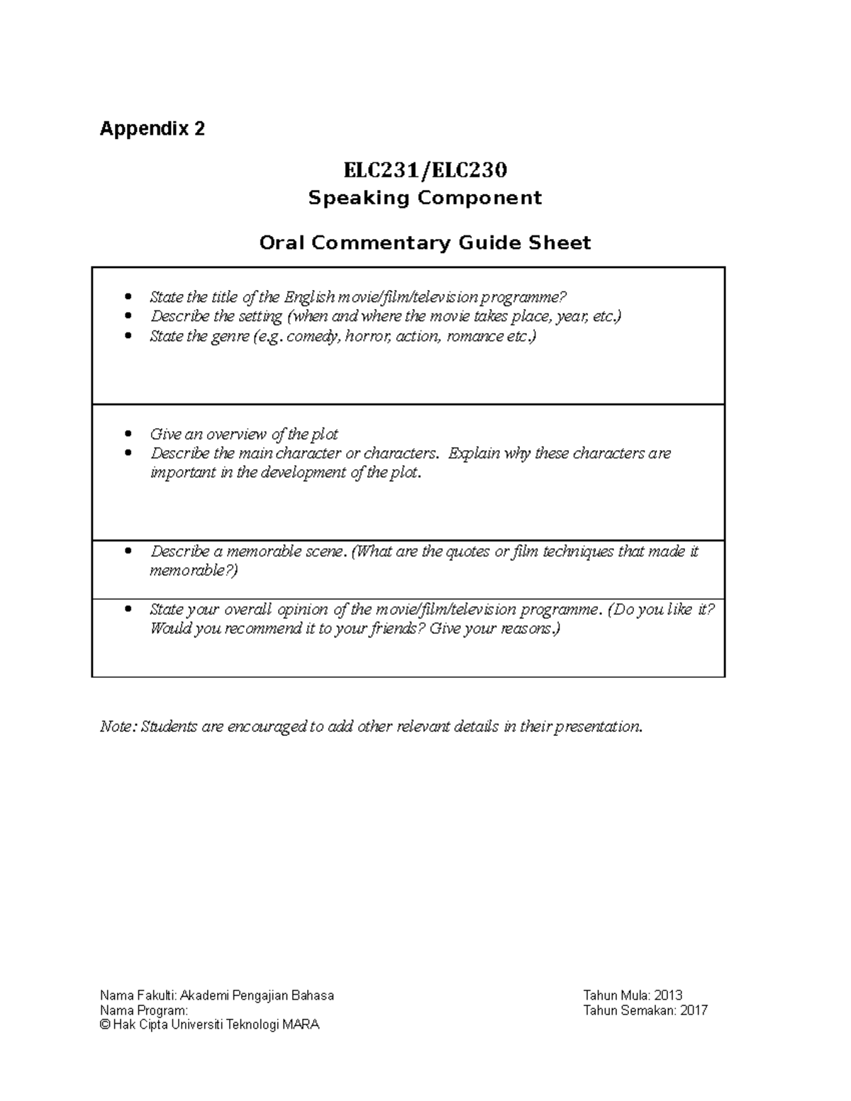 ELC 231 Oral Commentary Guide Sheet Appendix 3 2020 - Appendix 2 ELC231 ...