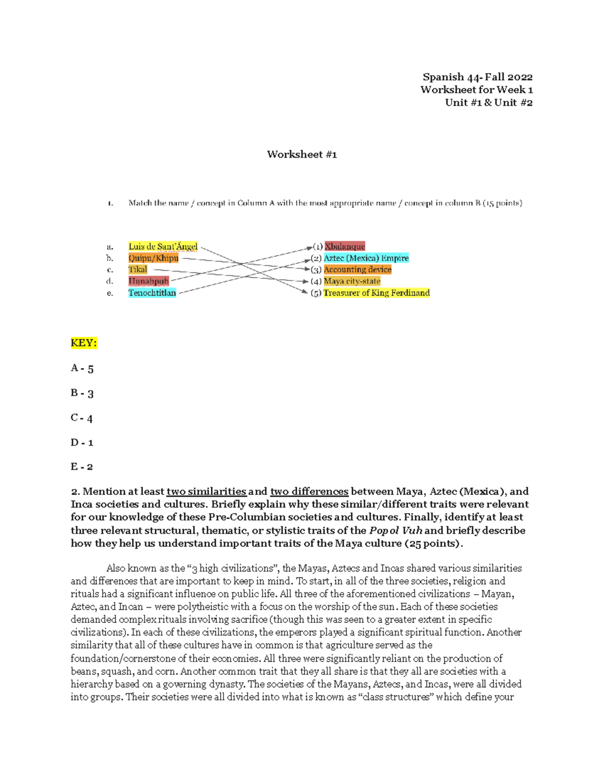 Worksheet 1 - Spanish 44- Fall 2022 Worksheet for Week 1 Unit #1 & Unit ...