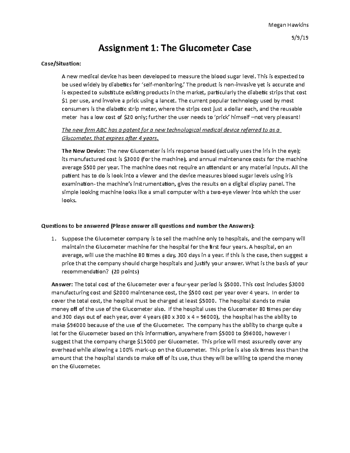 Assignment 1 Glucometer Case Hawkins 2019 - Megan Hawkins 9/9 ...