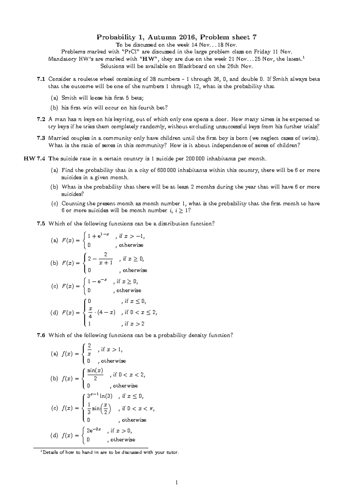 MATH11300 2016-2017 Problem Sheet 7 - Probability 1, Autumn 2016, Problem sheet 7 To be ...