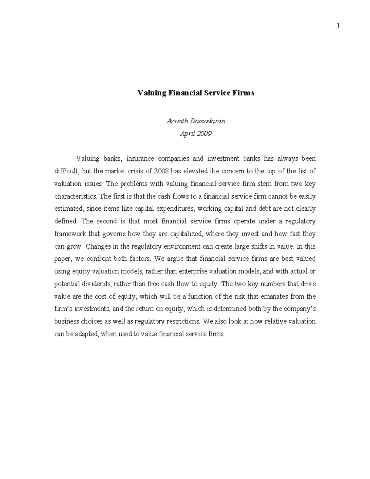 Finfirm 09 - Summary of Valuing Financial Institutions - Valuing ...