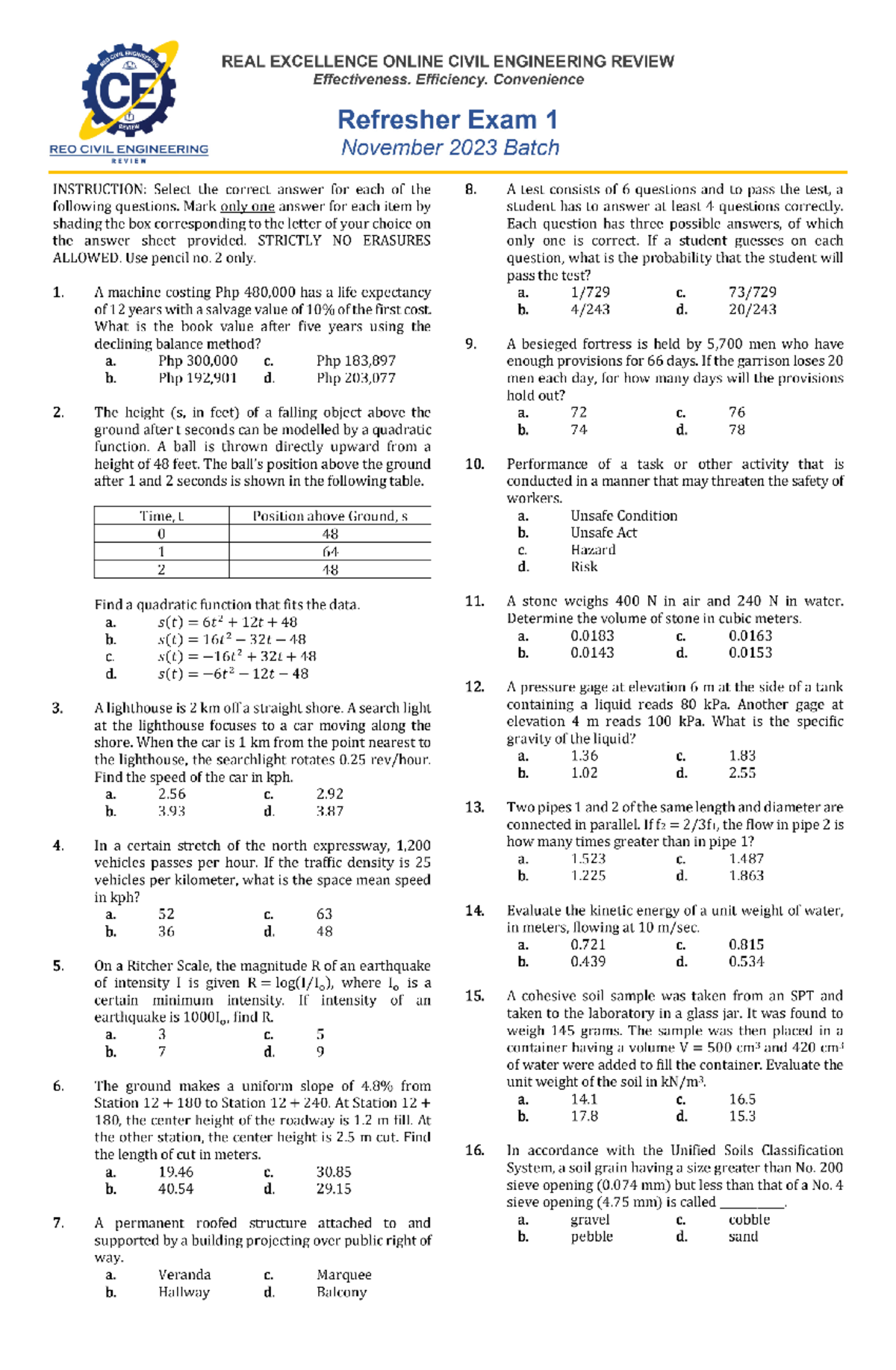 Refresher Exam 1 - dfgdfgdf - CE Major in Structural Engineering - Studocu