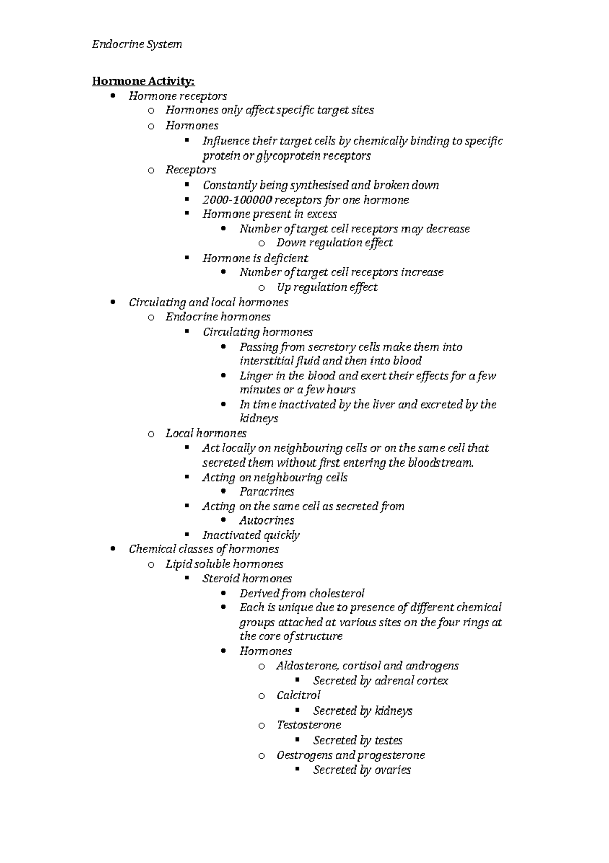 Hormone Activity Lecture Notes - Hormone Activity: Hormone receptors o ...