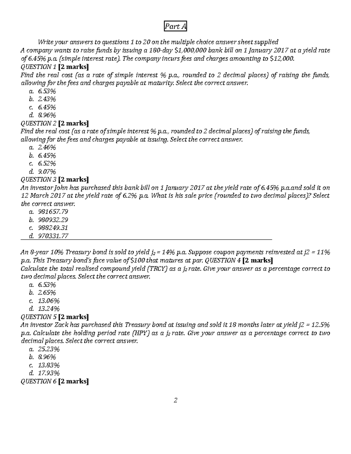 Final sample - lecture notes for ACSt 2001 - Part A Write your answers ...