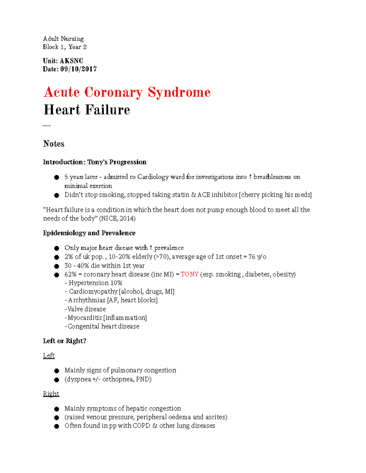 ACS heart failure - lecture notes - Adult Nursing Block 1, Year 2 Unit ...