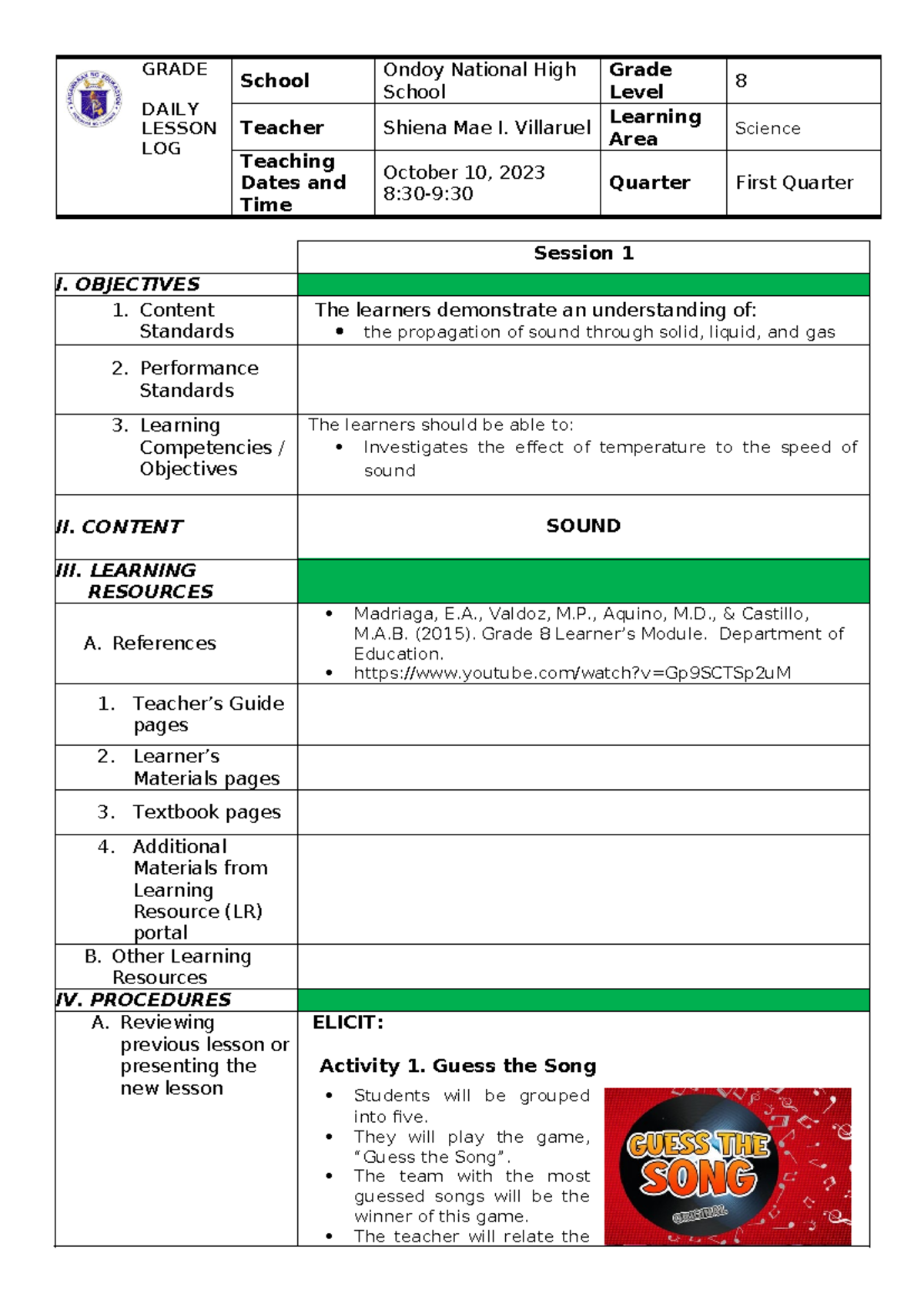 COT - GRADE 8 DAILY LESSON LOG School Ondoy National High School Grade ...