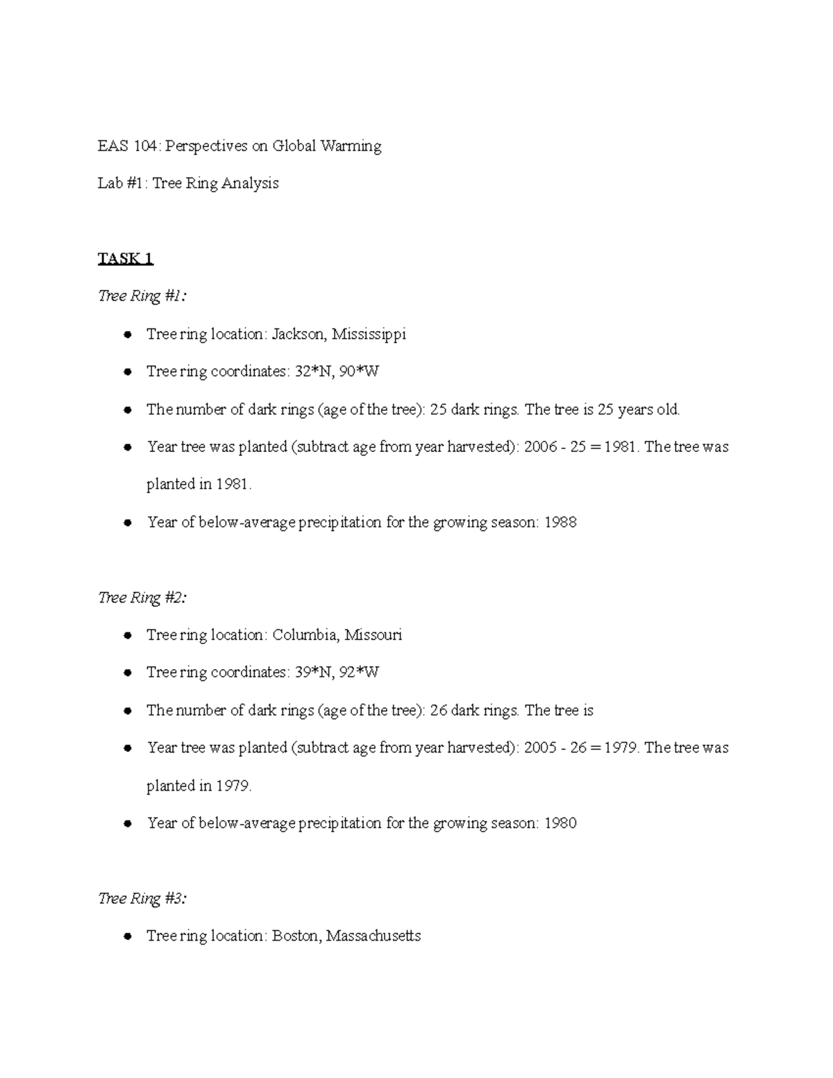 LAB 1 Tree Rings - EAS 104: Perspectives on Global Warming Lab #1: Tree ...