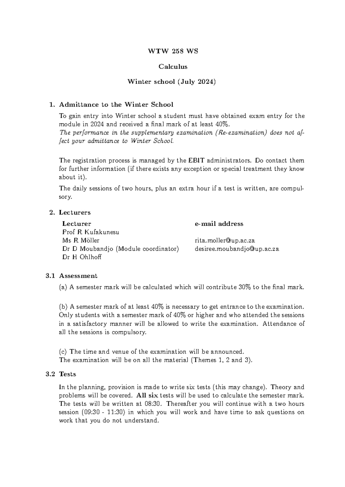 2024 WS General information and schedule - WTW 258 WS Calculus Winter school (July 2024 ...