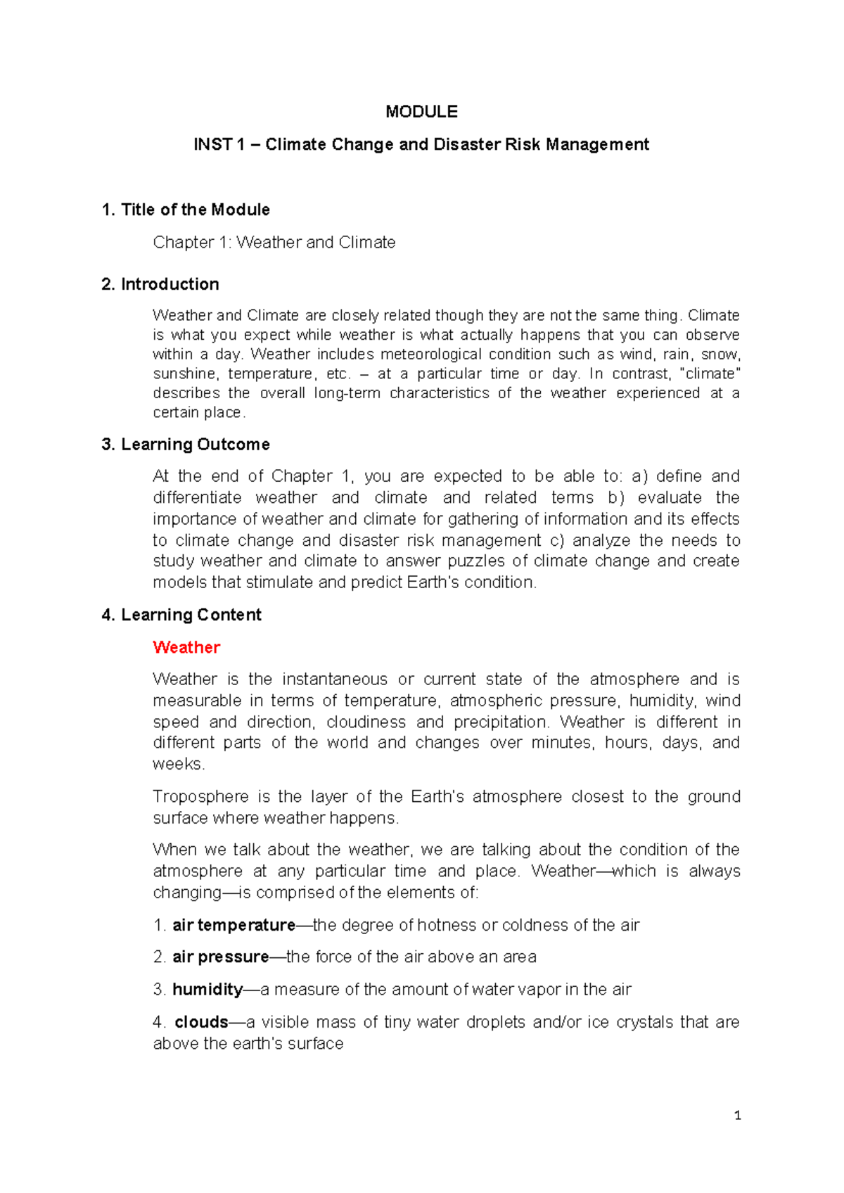 Module for Climate Change Chapter 1 Weather and Climate - MODULE INST 1 ...