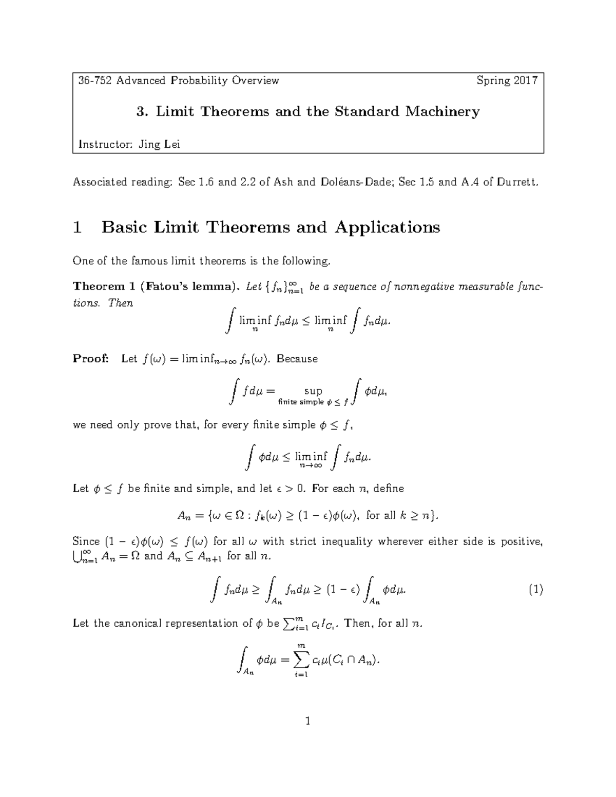 Lec notes 3 - Limit Theorems and the Standard Machinery. - 36-752 ...