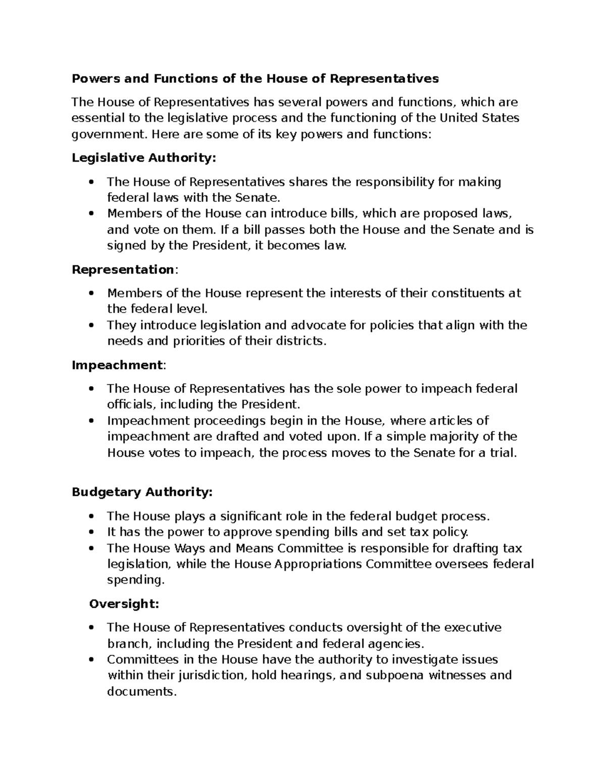 Powers and Functions of the House of Representatives - Here are some of ...