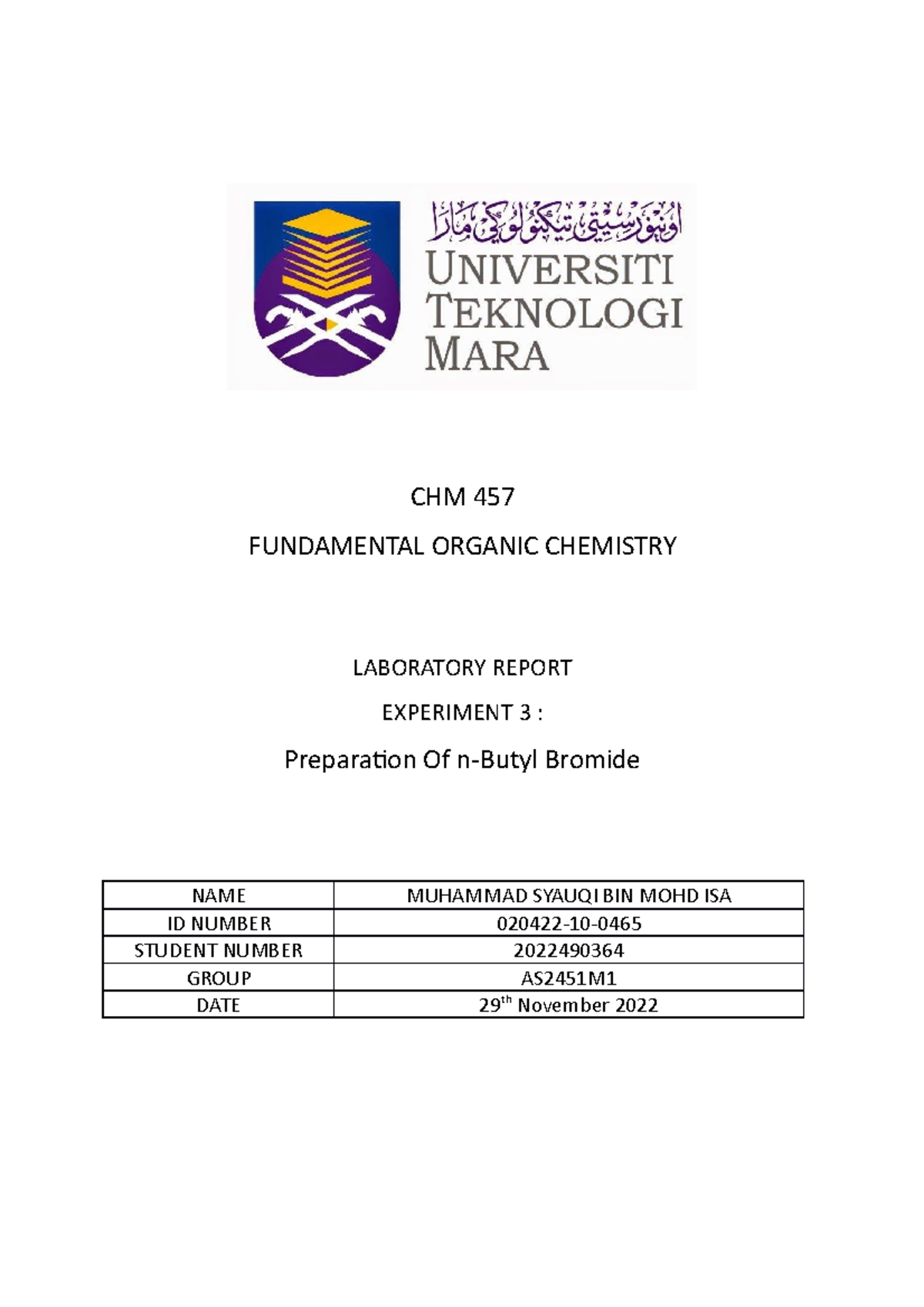 CHM 457 3 - good - CHM 457 FUNDAMENTAL ORGANIC CHEMISTRY LABORATORY ...