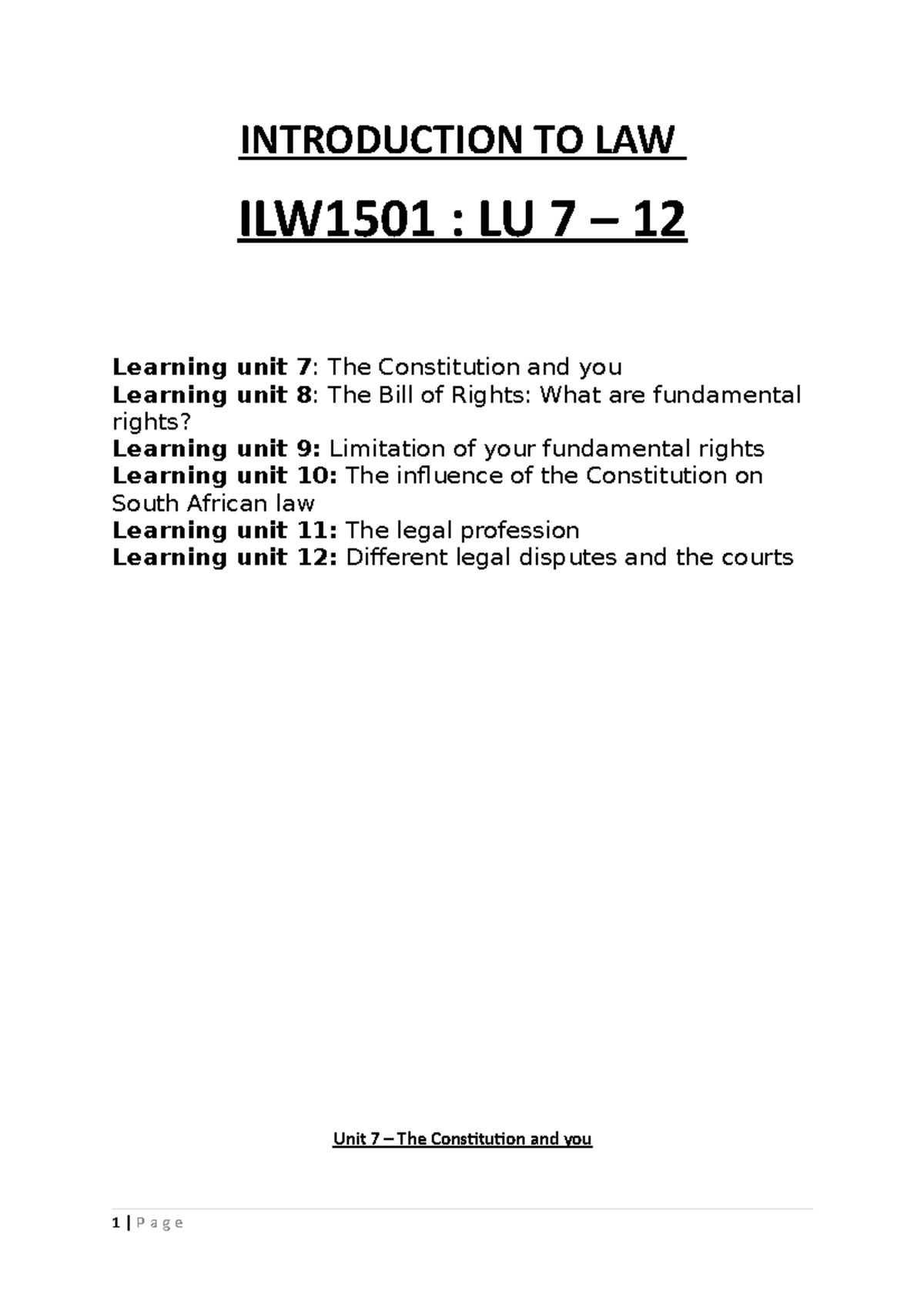 ILW1501 Notes - Second Half - INTRODUCTION TO LAW ILW1501 : LU 7 – 12 ...