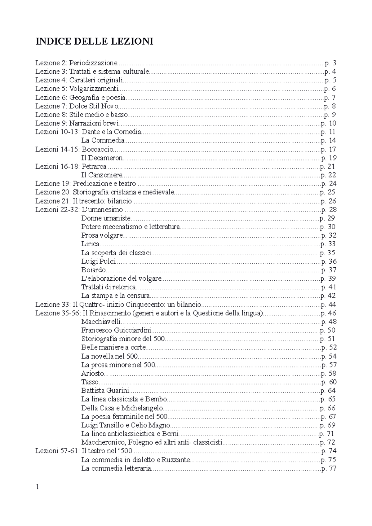 Letteratura Italiana - INDICE DELLE LEZIONI Lezione 2: - Studocu