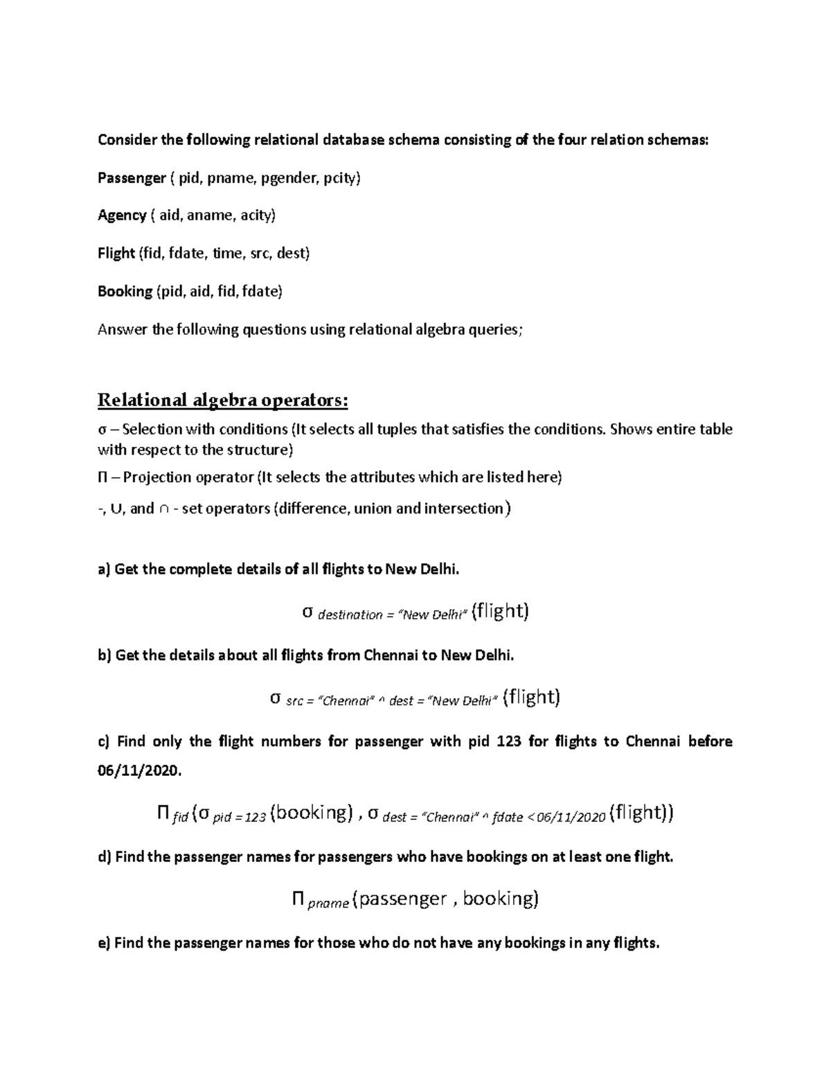 Relational Algebra Practice Question - Consider the following relational database schema ...