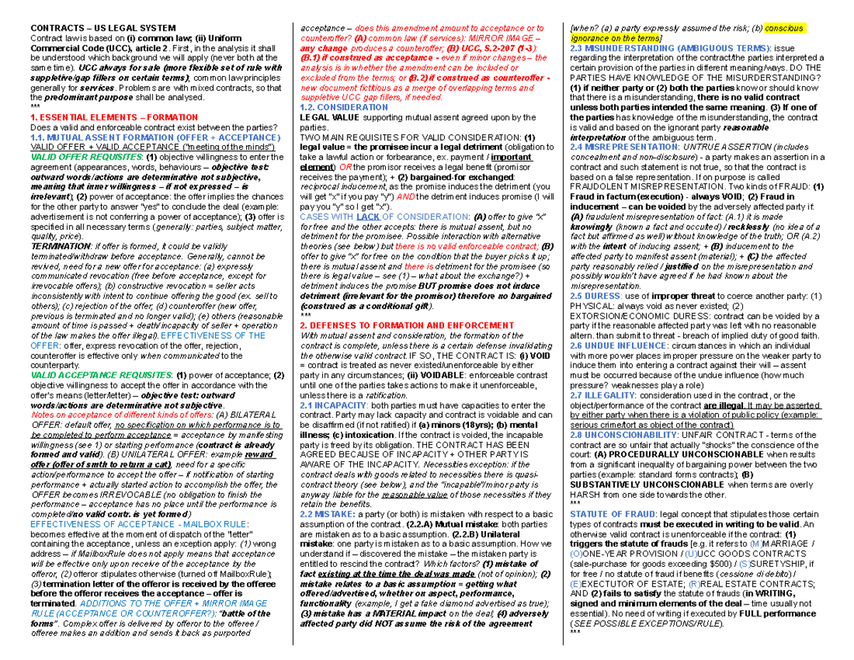 Contracts - 1 page outline - CONTRACTS – US LEGAL SYSTEM Contract law ...