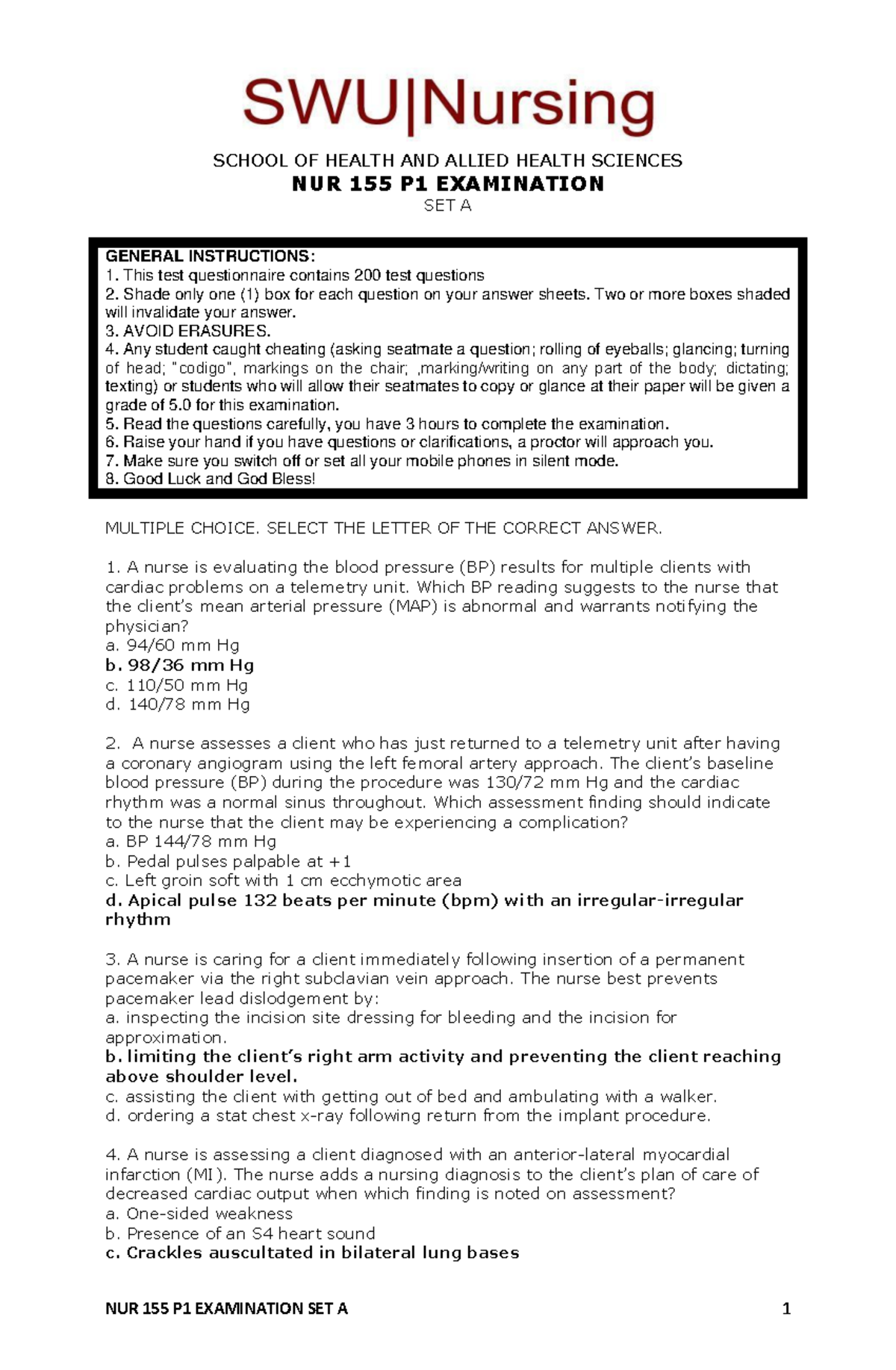 MS1-P1- Examination ( Answer KEY) - SCHOOL OF HEALTH AND ALLIED HEALTH ...