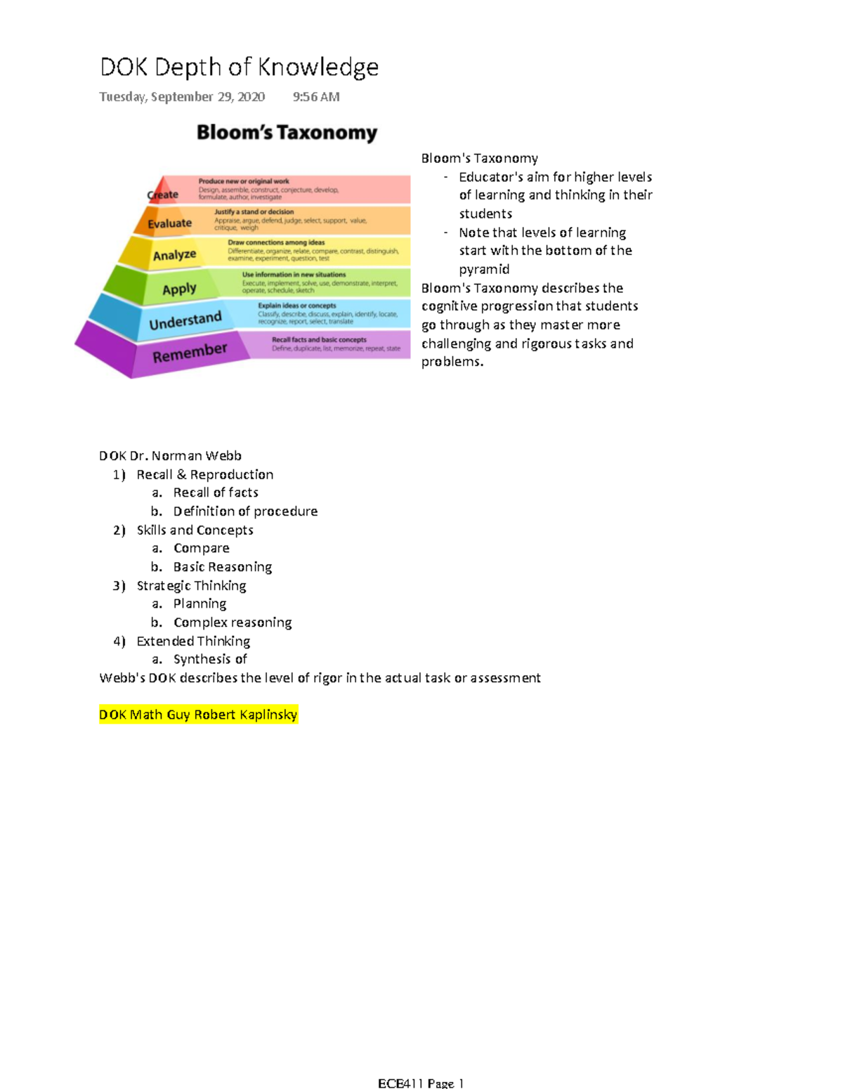 DOK Depth of Knowledge - Educator's aim for higher levels of learning ...