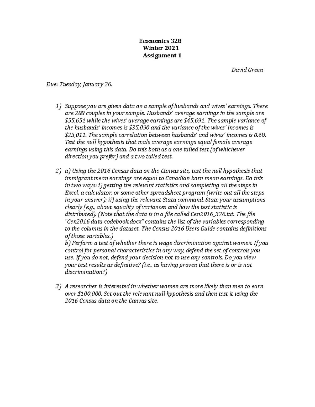 Economics 326 20 a1-2 - Economics 328 Winter 2021 Assignment 1 David ...