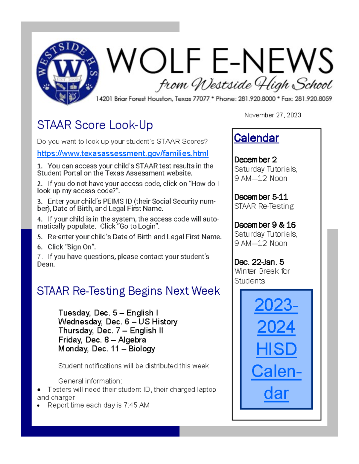 E News November 27 2023 - crcr - November 27, 2023 Calendar ...