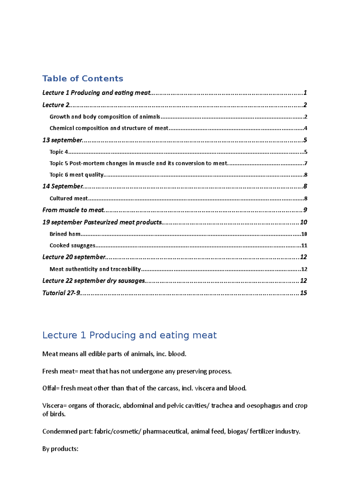Meat science lectures - College-aantekeningen - Table of Contents ...
