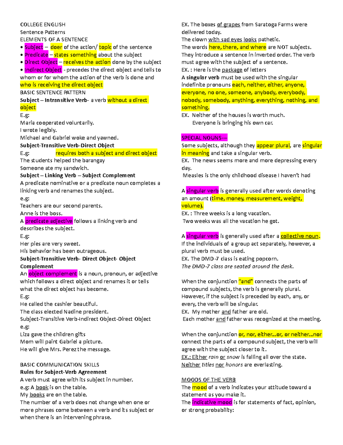 Reviewer in College English - COLLEGE ENGLISH Sentence Patterns ...