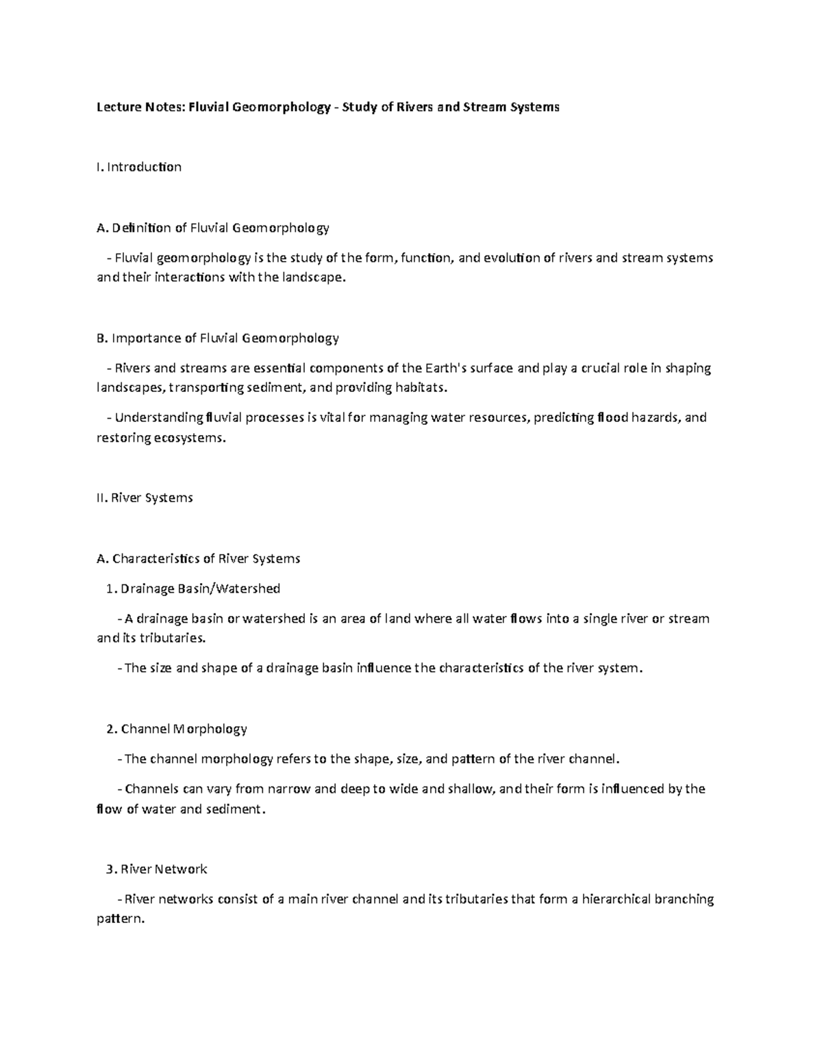 Lecture Notes: Fluvial Geomorphology - Study of Rivers and Stream ...