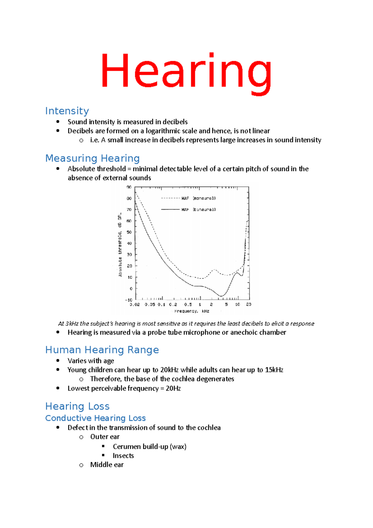 Hearing - Hearin notes - Hearing Intensity Sound intensity is measured ...