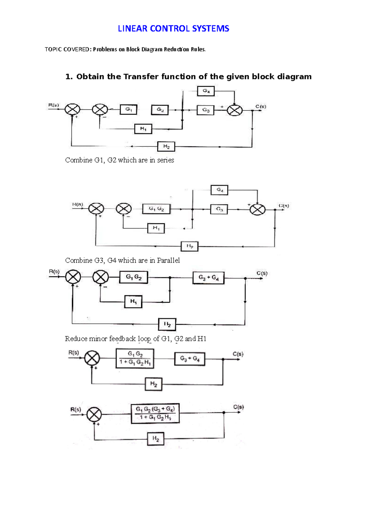 Problems on Block Diagram Reduction Rules - 1. Obtain the Transfer ...
