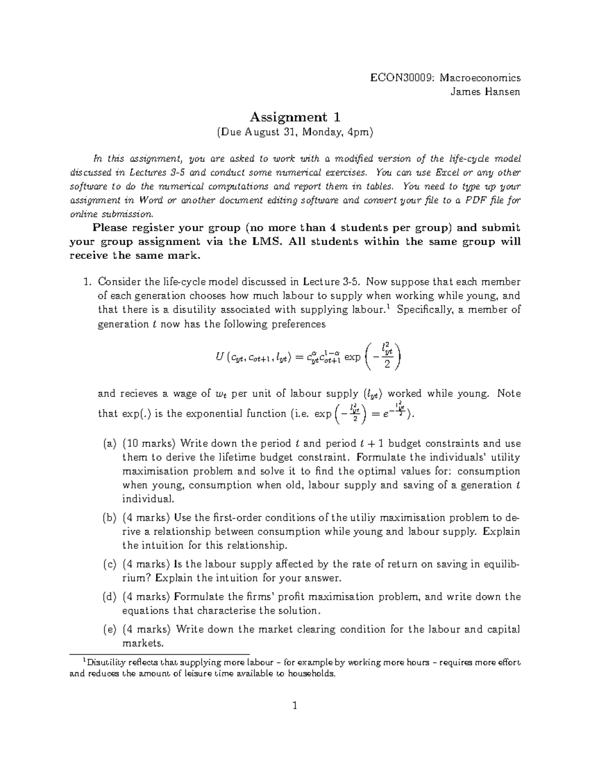 Assignment 1 Econ30009 Macroeconomics James Hansen Assignment 1 Due