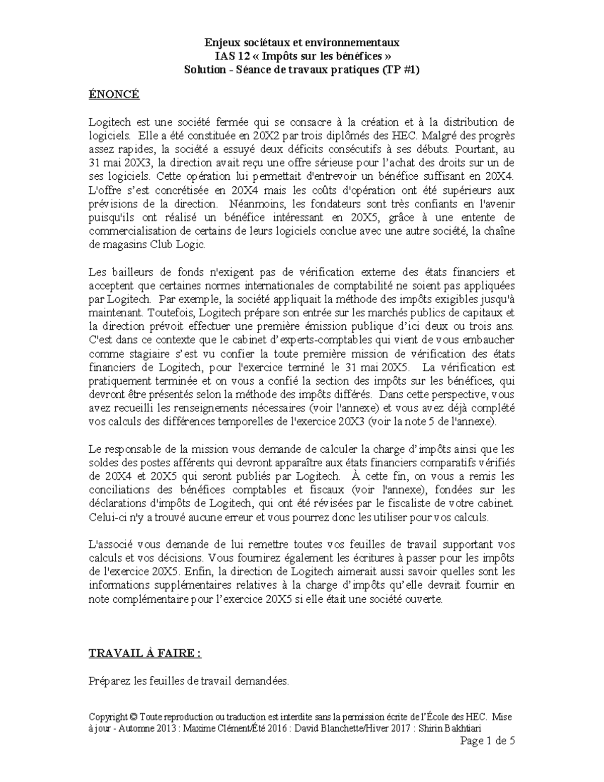 20916- TP1 Impôts -Énoncé E2023-1 - IAS 12 « Impôts sur les bénéfices » Solution - Séance de ...