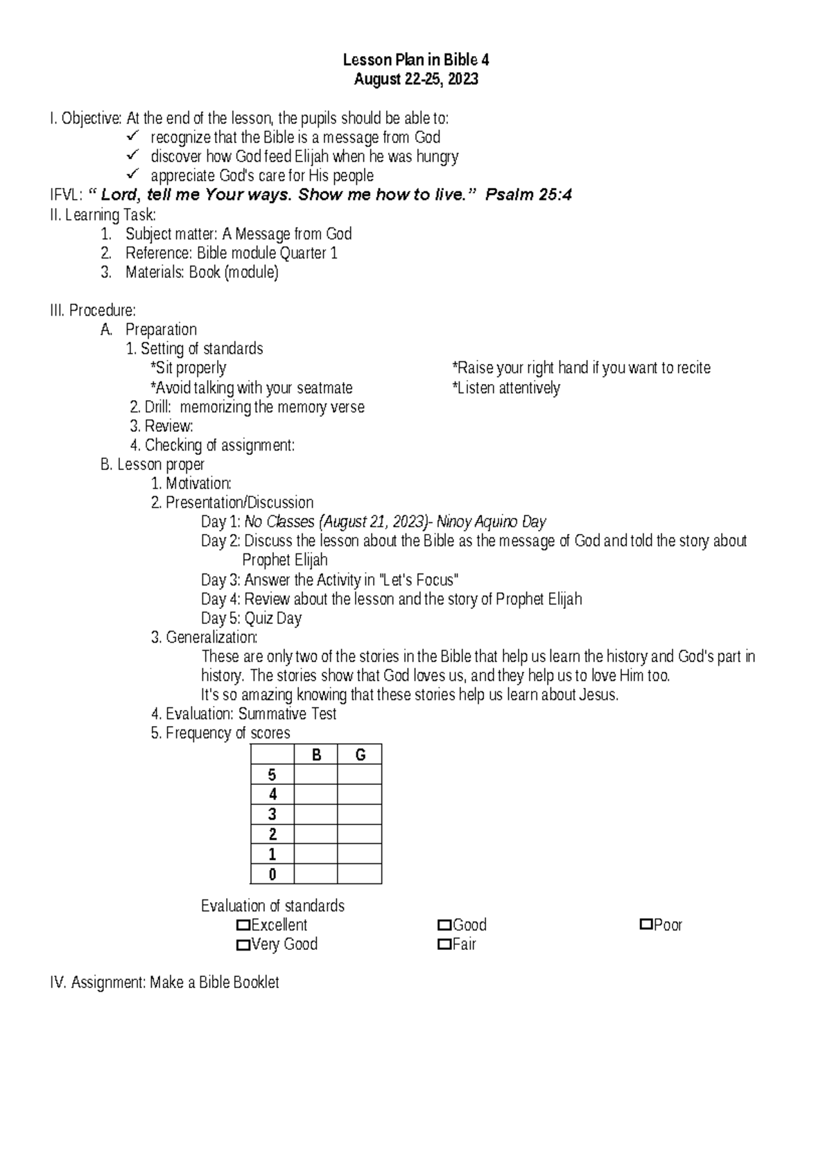Week 2 August 22-25 - Feel free to edit. - Lesson Plan in Bible 4 ...