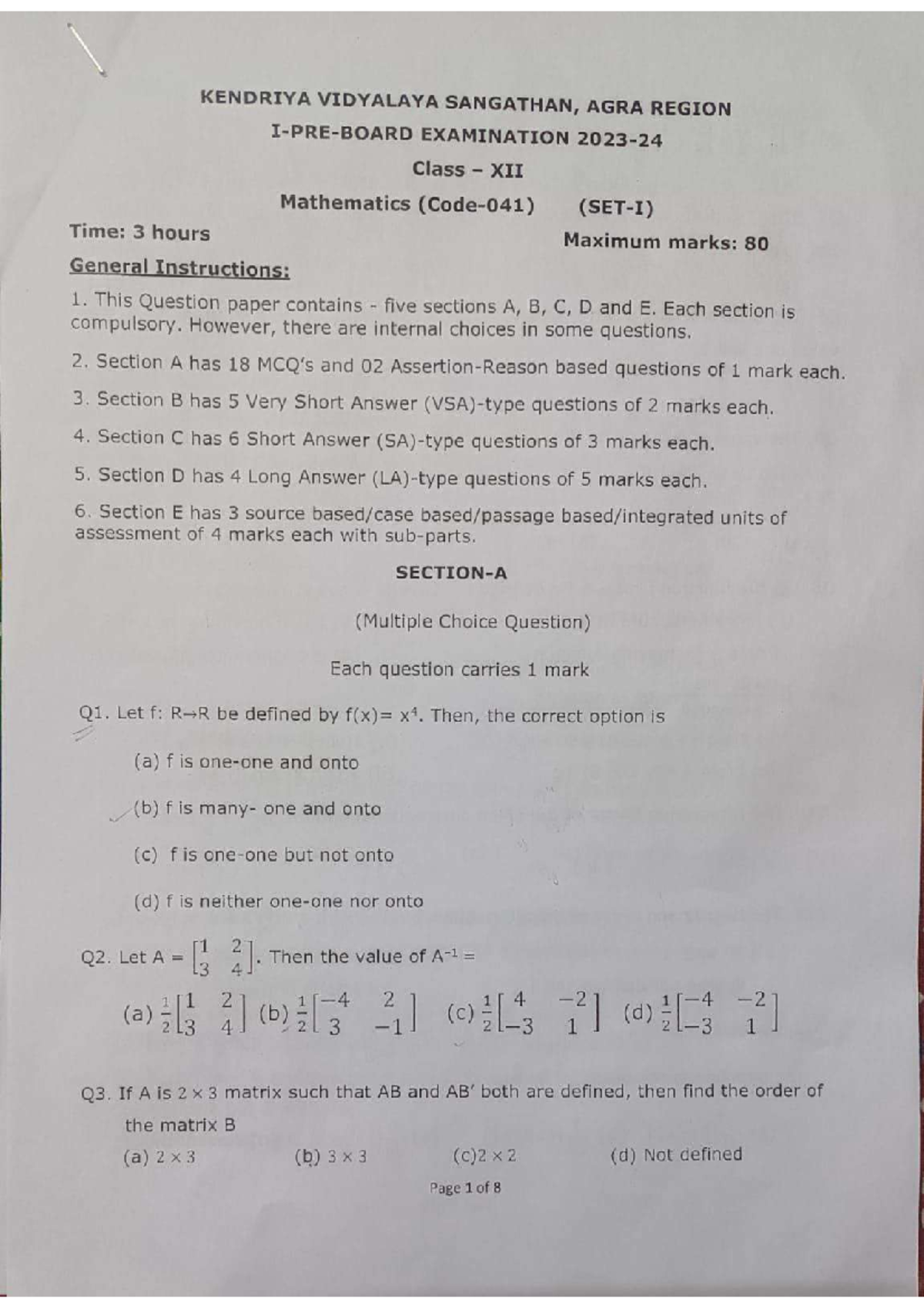 Class 12 AGRA Region Preboard-01 2023-24 - KENDRIYA VIDYALAYA SANGATHAN, AGRA REGION EXAMINATION ...