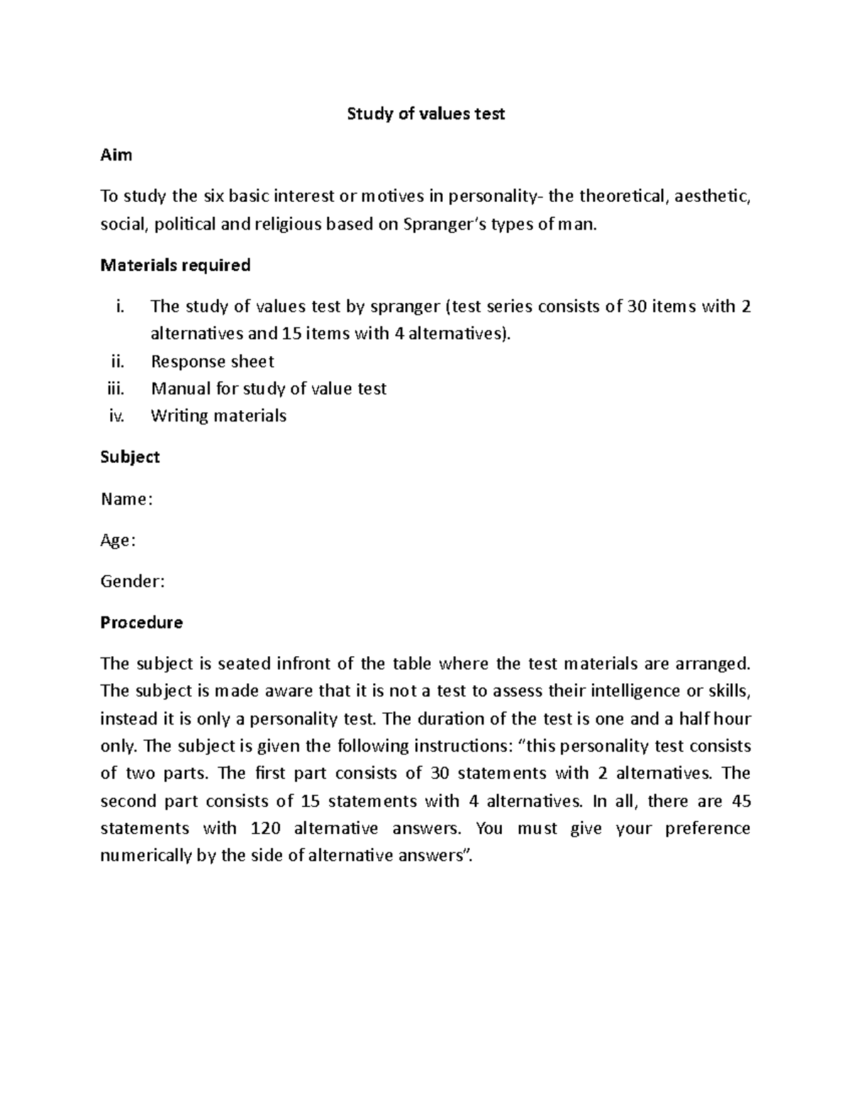 Study of values test - Study of values test Aim To study the six basic ...