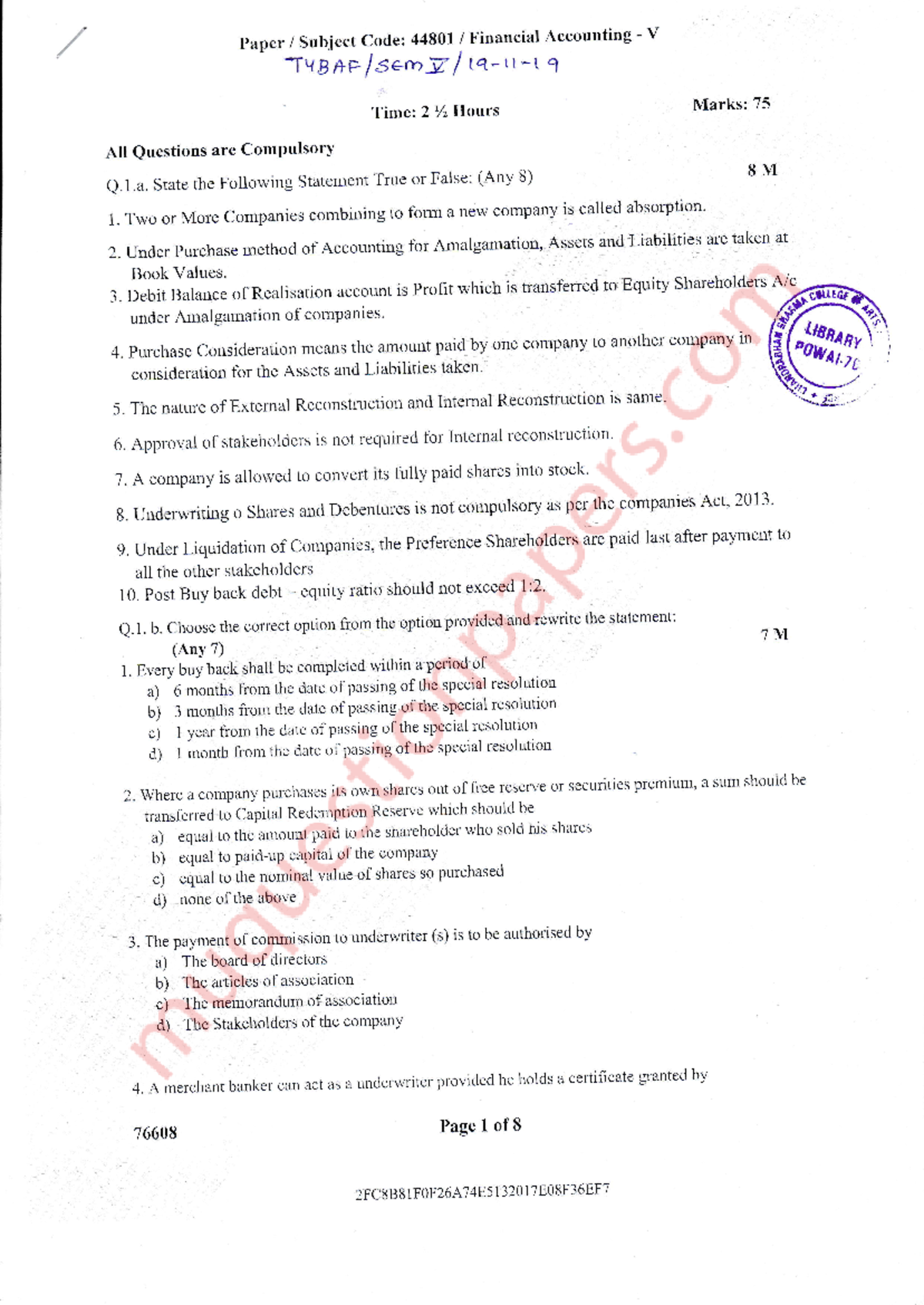 Tybaf SEM5 FA-V NOV19 - Question paper of past year - Paper / Subject Code: 44801 / Financial ...