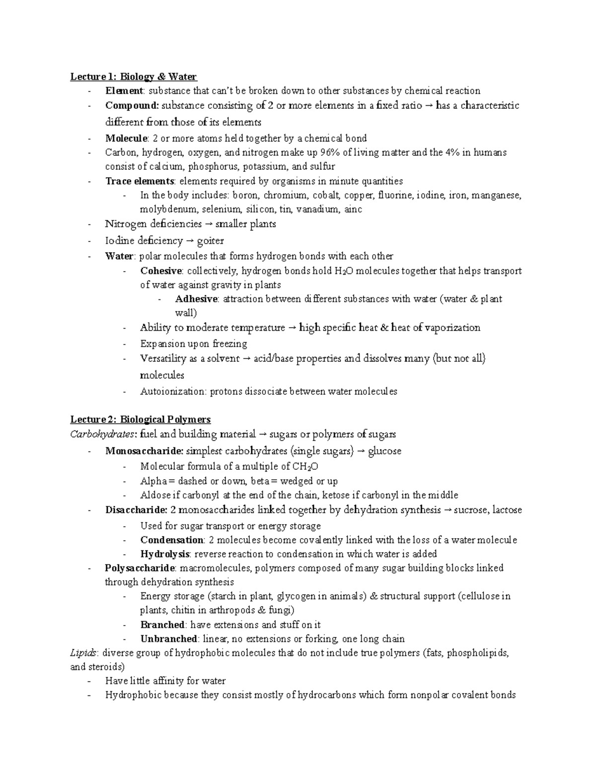 Bio 1A Midterm 1 Study Guide - Lecture 1: Biology & Water - Element ...