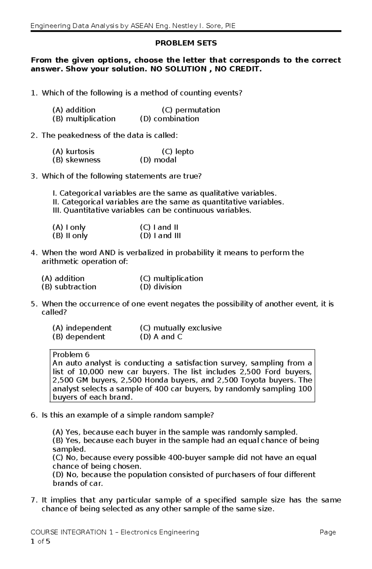 EDA Problem Sets 1 - PROBLEM SETS From the given options, choose the ...