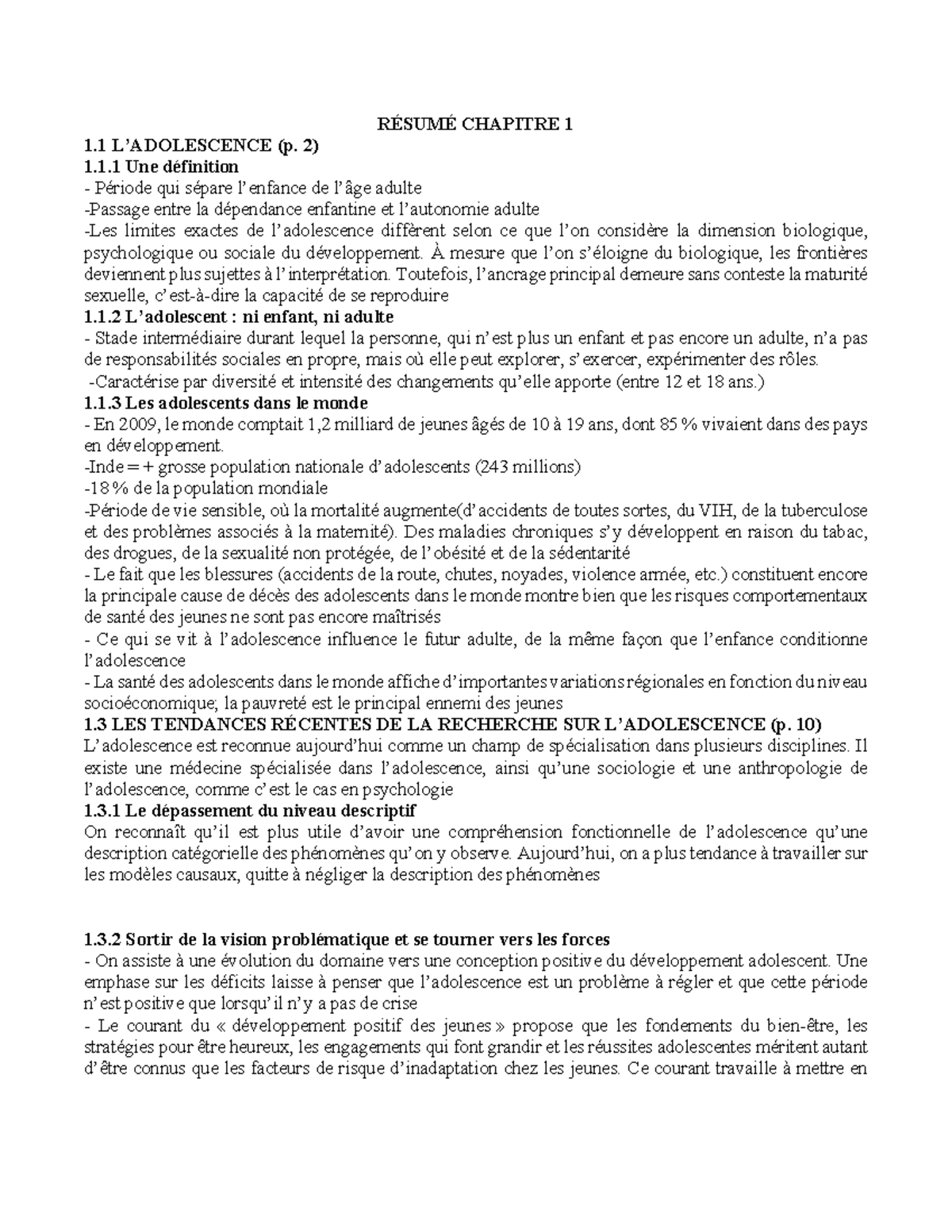 Résumé chapitres 1-2-5-8-9-11 - RÉSUMÉ CHAPITRE 1 1 L’ADOLESCENCE (p. 2 ...