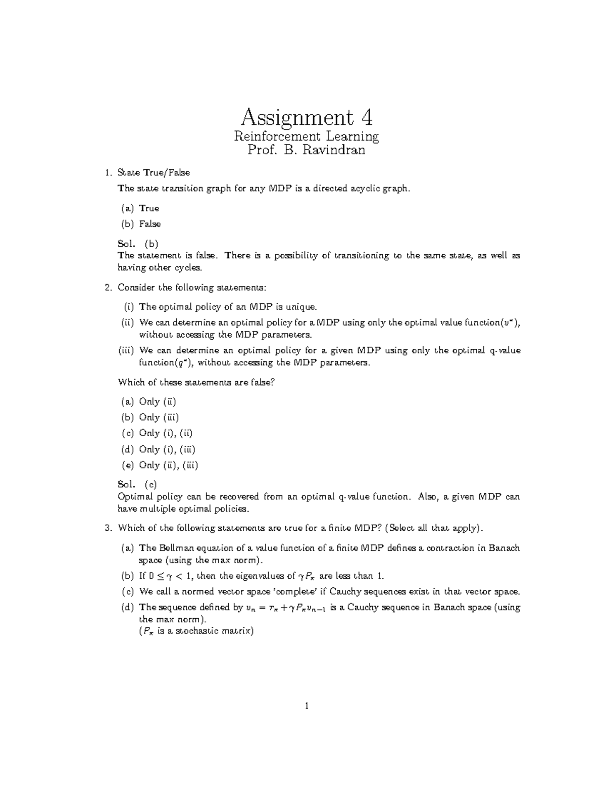 A4-Solution of Assignment-4 - Assignment 4 Reinforcement Learning Prof ...