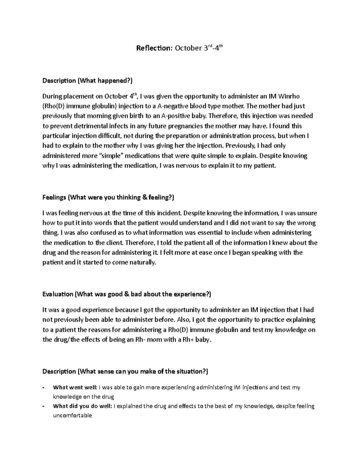 Reflective note on clinical experience - Reflection: October 3rd-4th ...
