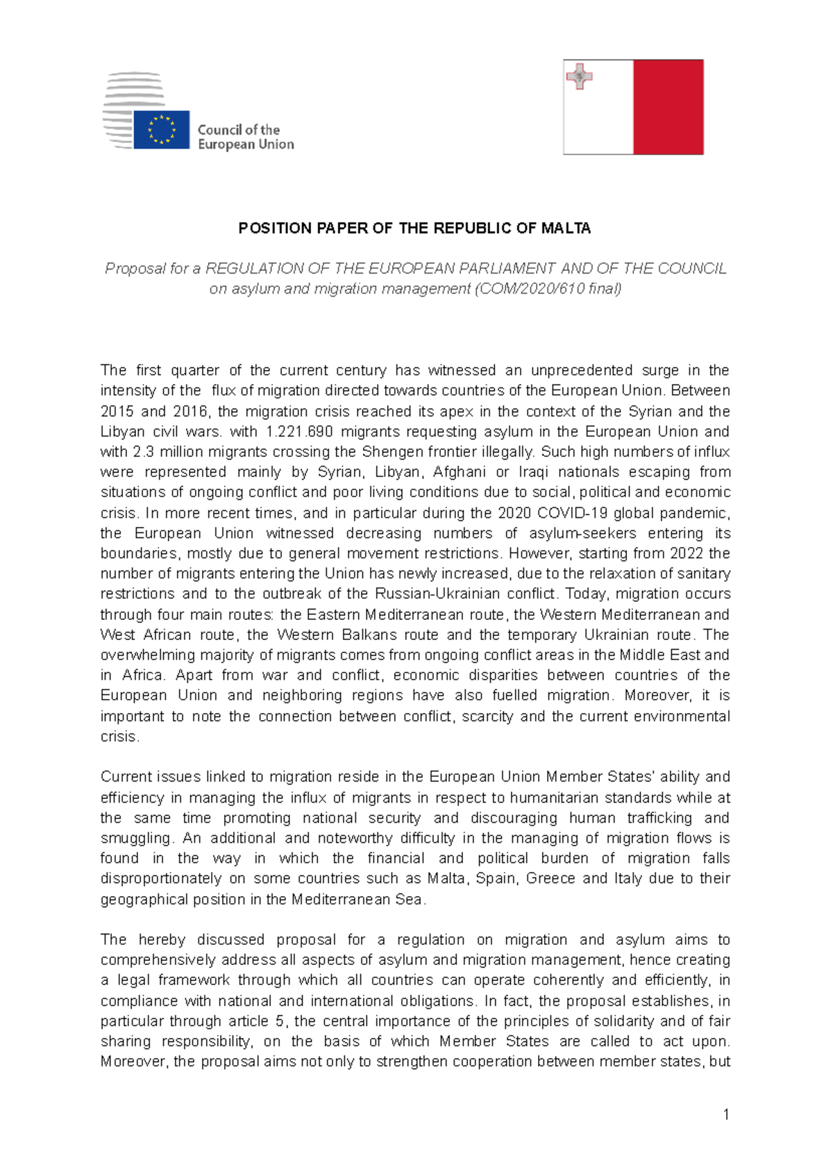 Malta’s position paper on migration and asylum - POSITION PAPER OF THE ...