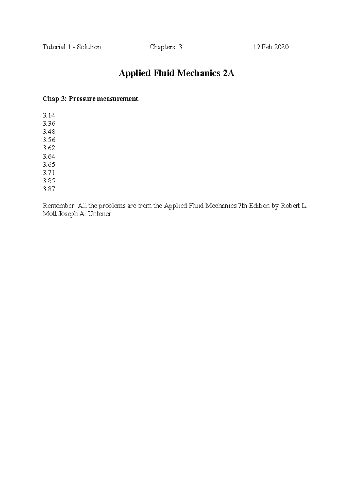 STR2A - Tutorial 1 -Chap3 - 19-02 - Tutorial 1 - Solution Chapters 3 19 ...