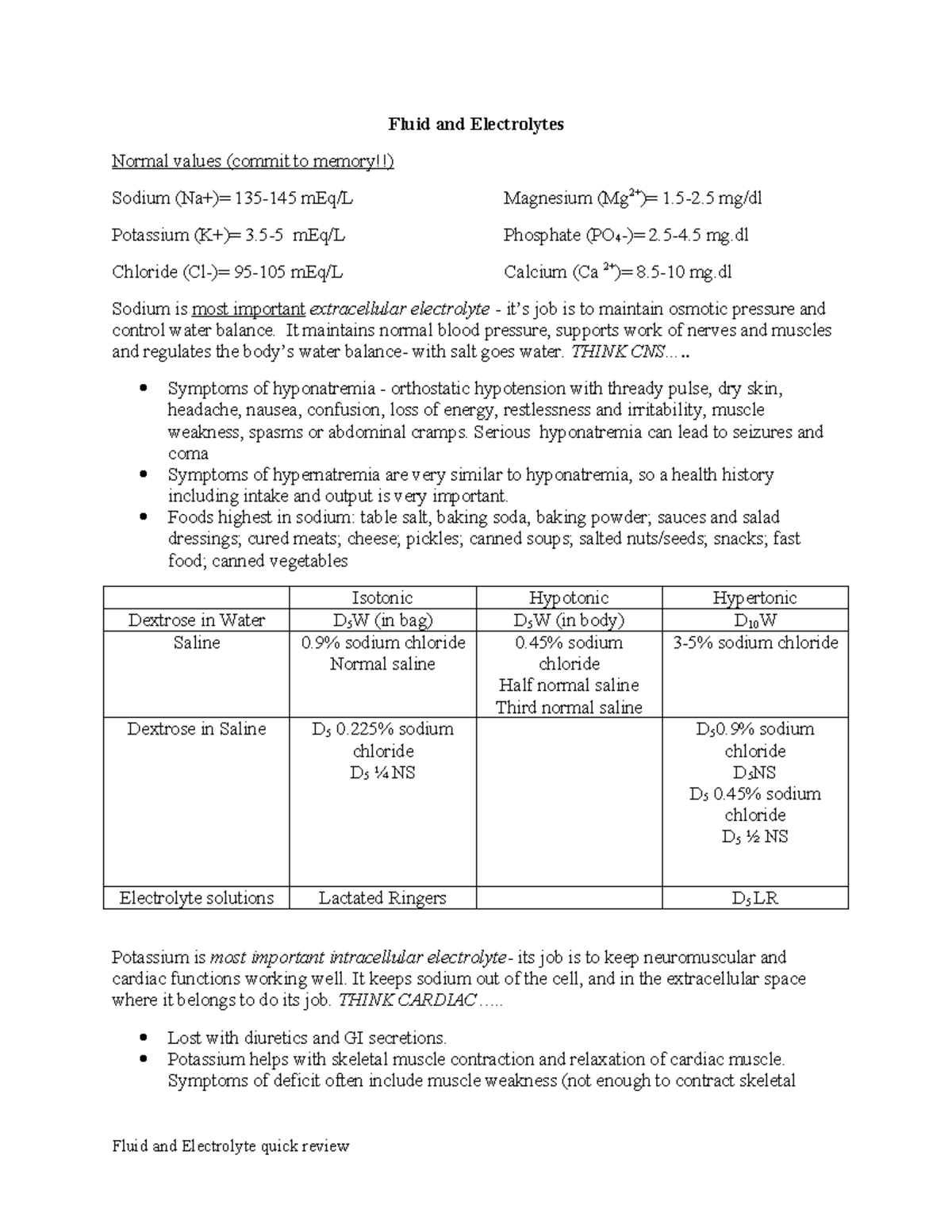 Fluid and Electrolytes - Fluid and Electrolytes Normal values (commit ...